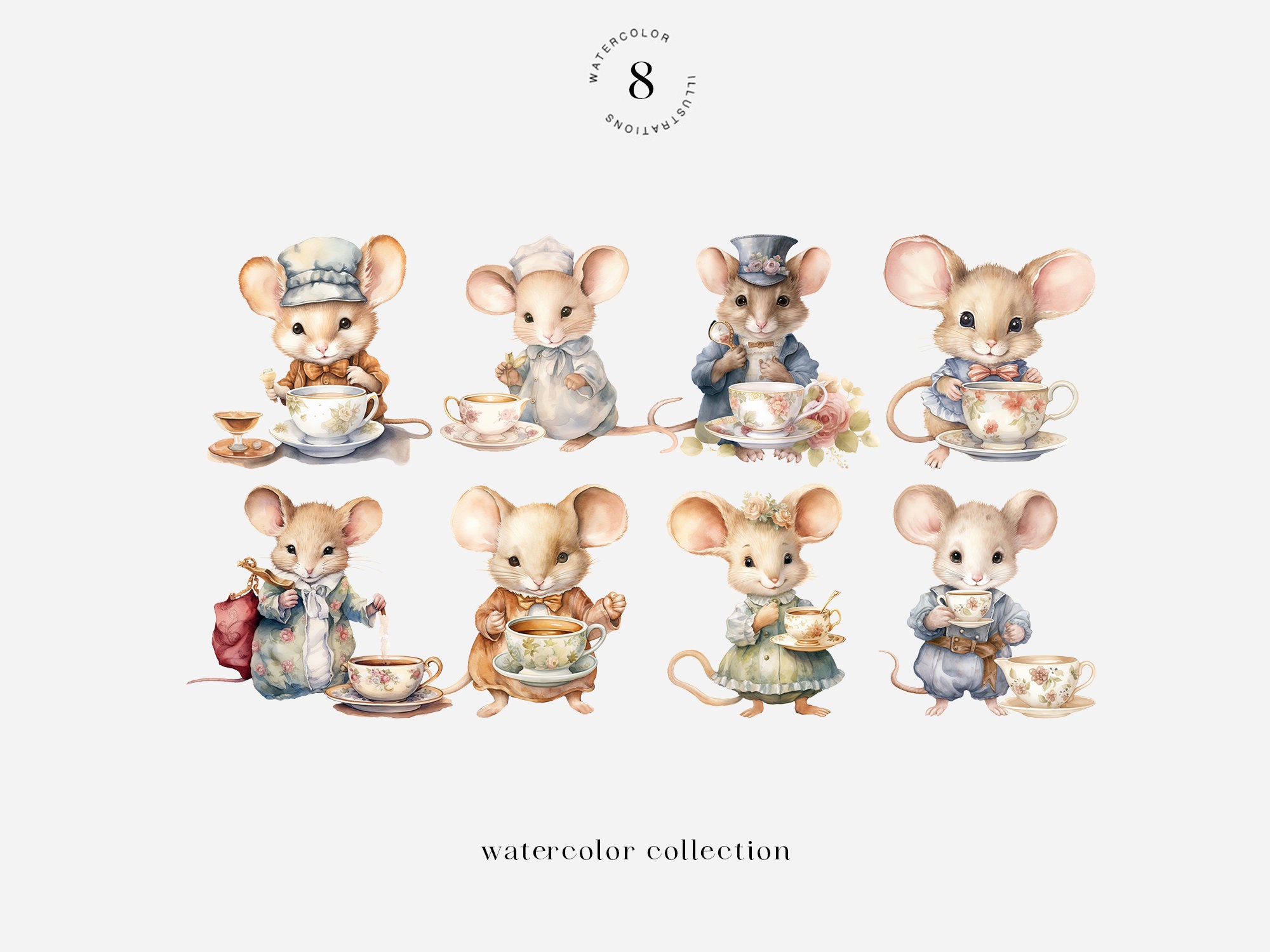 Watercolor Mouse Clipart Mouse and Cups Clipart Cute - Etsy