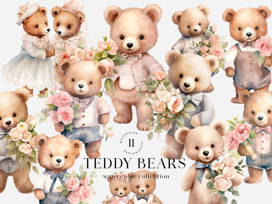 Floral Male Teddy Bears Watercolor Clipart. Vintage Baby Shower for a ...