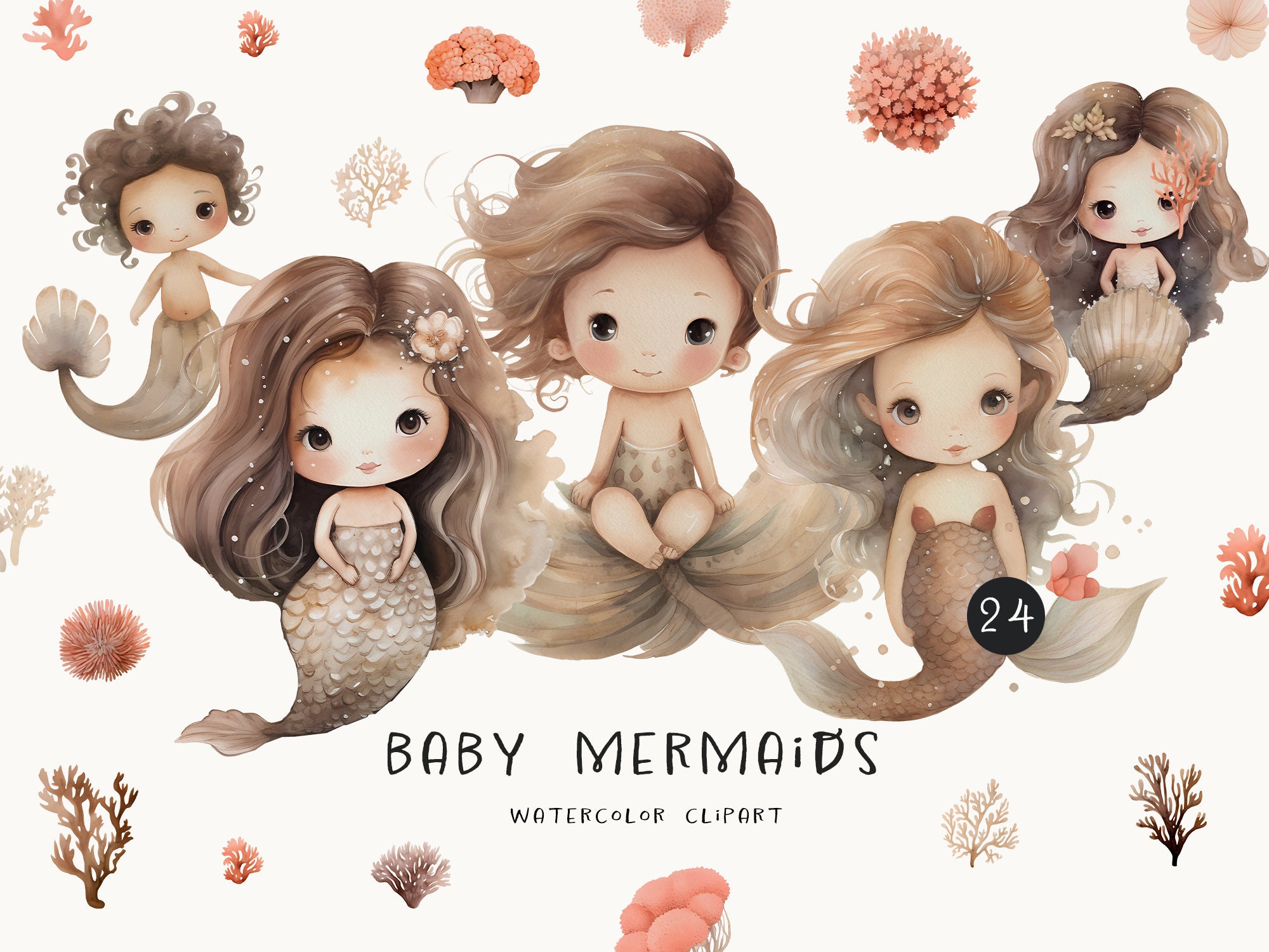 Baby Mermaids Watercolor Clipart. Corals & Sea Creatures Png - Etsy