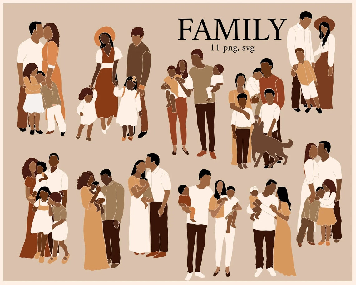 Abstract Family Clipart: Dark Skin Tone Parents, Kids (SVG, PNG) - Etsy