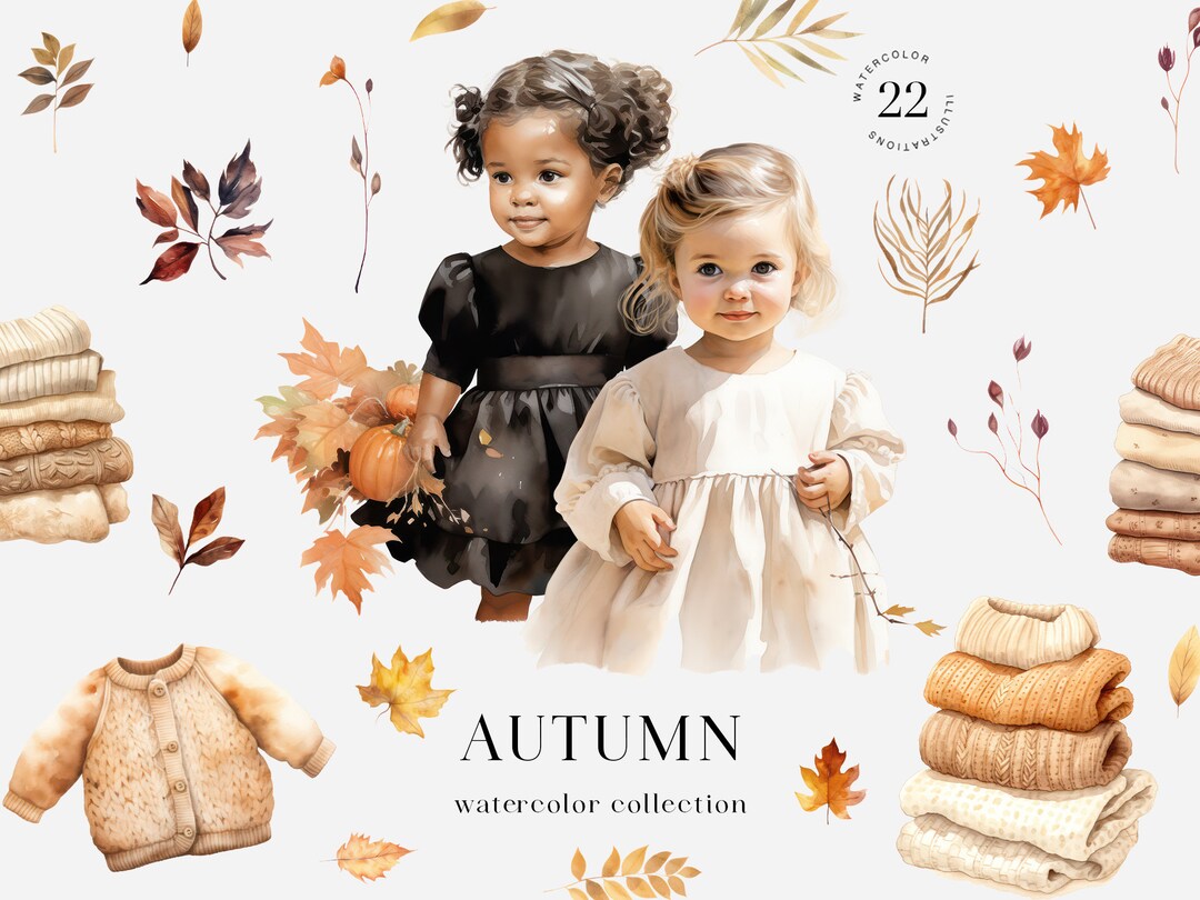Watercolor Autumn Kid Clipart. Fall Clothes Leaves and Girls Png. Cozy ...