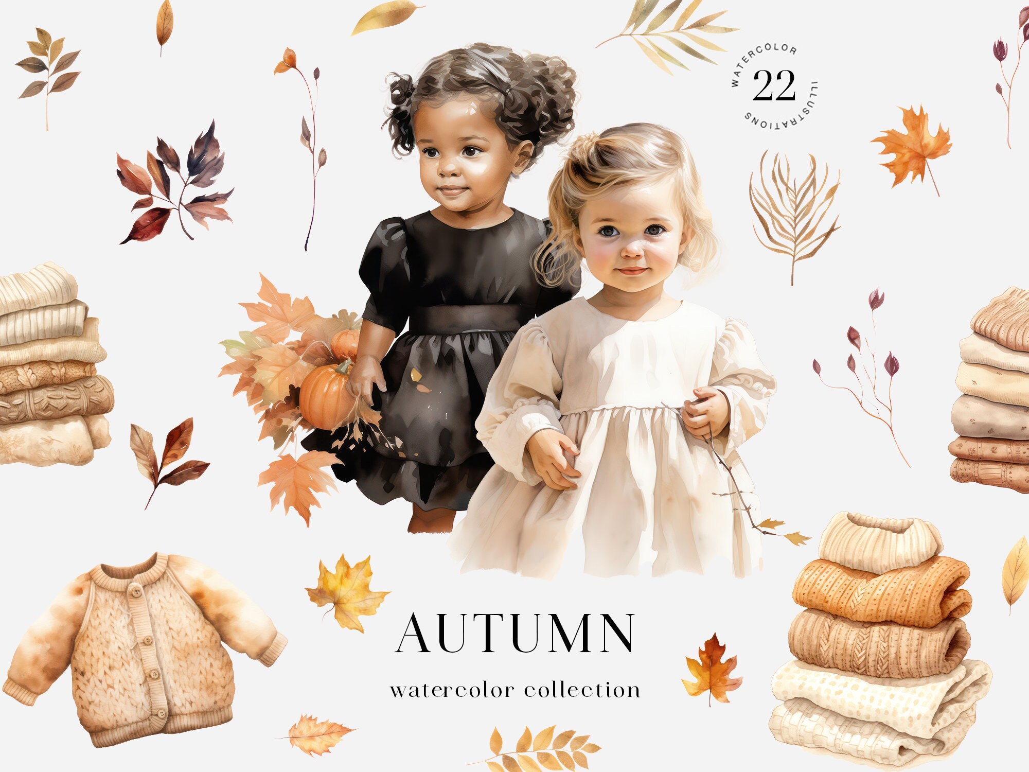 Watercolor Autumn Kid Clipart. Fall Clothes Leaves and Girls - Etsy