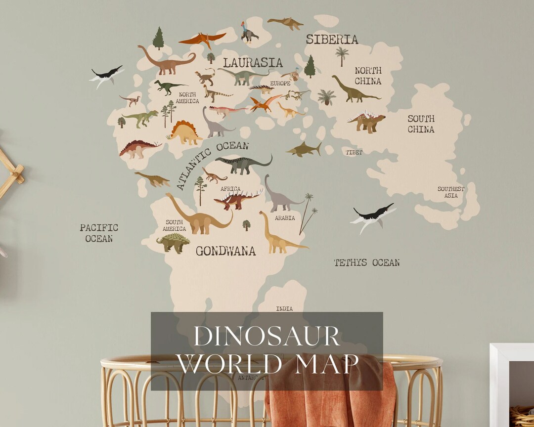 Educational Dinosaur World Map Print for Playroom - Late Jurassic Theme ...