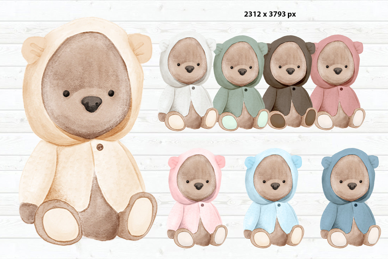 Hooded Bear Watercolor Clipart: Baby Shower PNG Bundle (digital ...