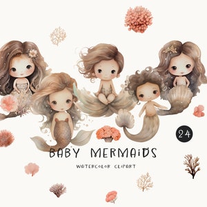 Baby Mermaids Watercolor Clipart. Corals & Sea Creatures Png ...