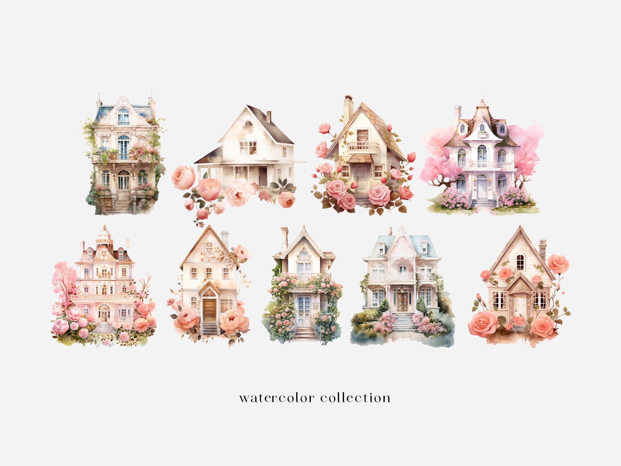 Floral Houses Watercolor Clipart. Pastel House With Roses Clip - Etsy
