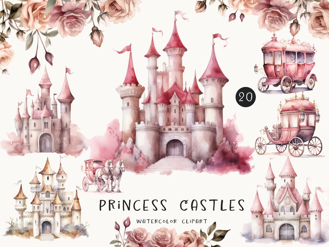 Watercolor Fairy Tale Clipart: Pink Castle, Royal Carriage (PDF) - Etsy