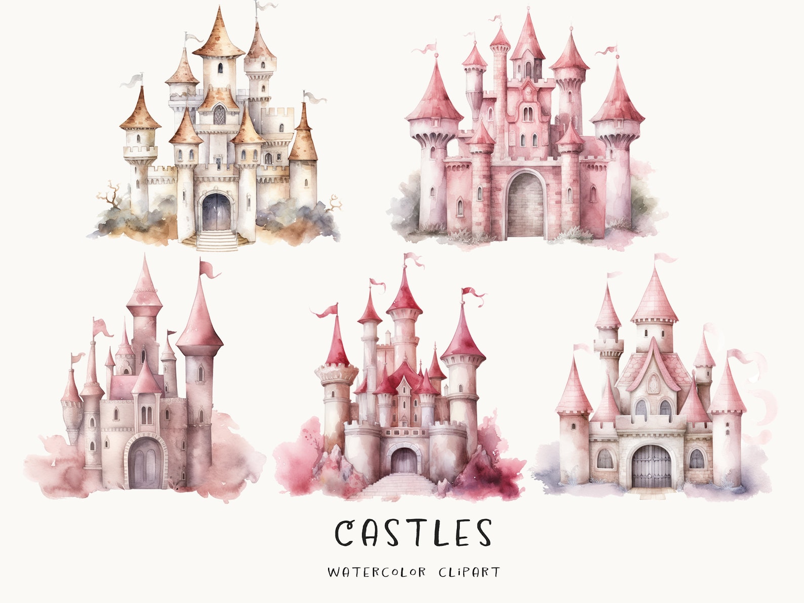 Watercolor Fairy Tale Clipart Castle Clipart Royal Pink and - Etsy