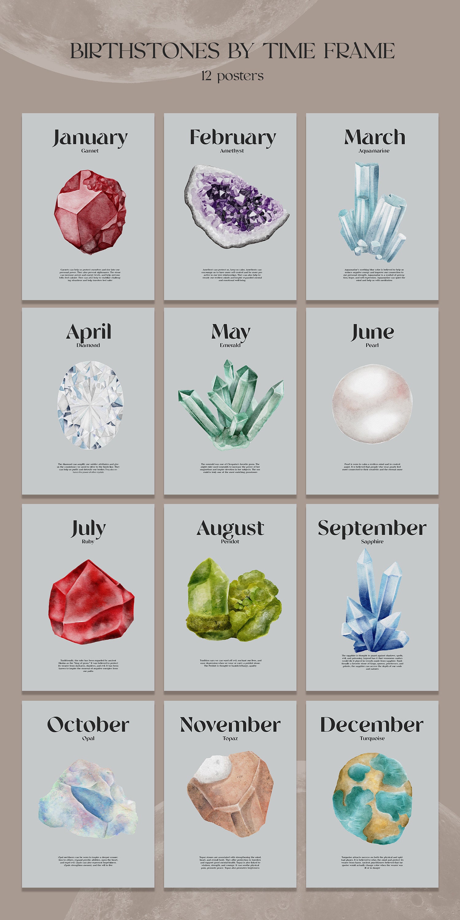 Watercolor Birthstones & Moon Phases Collection Birthstone - Etsy