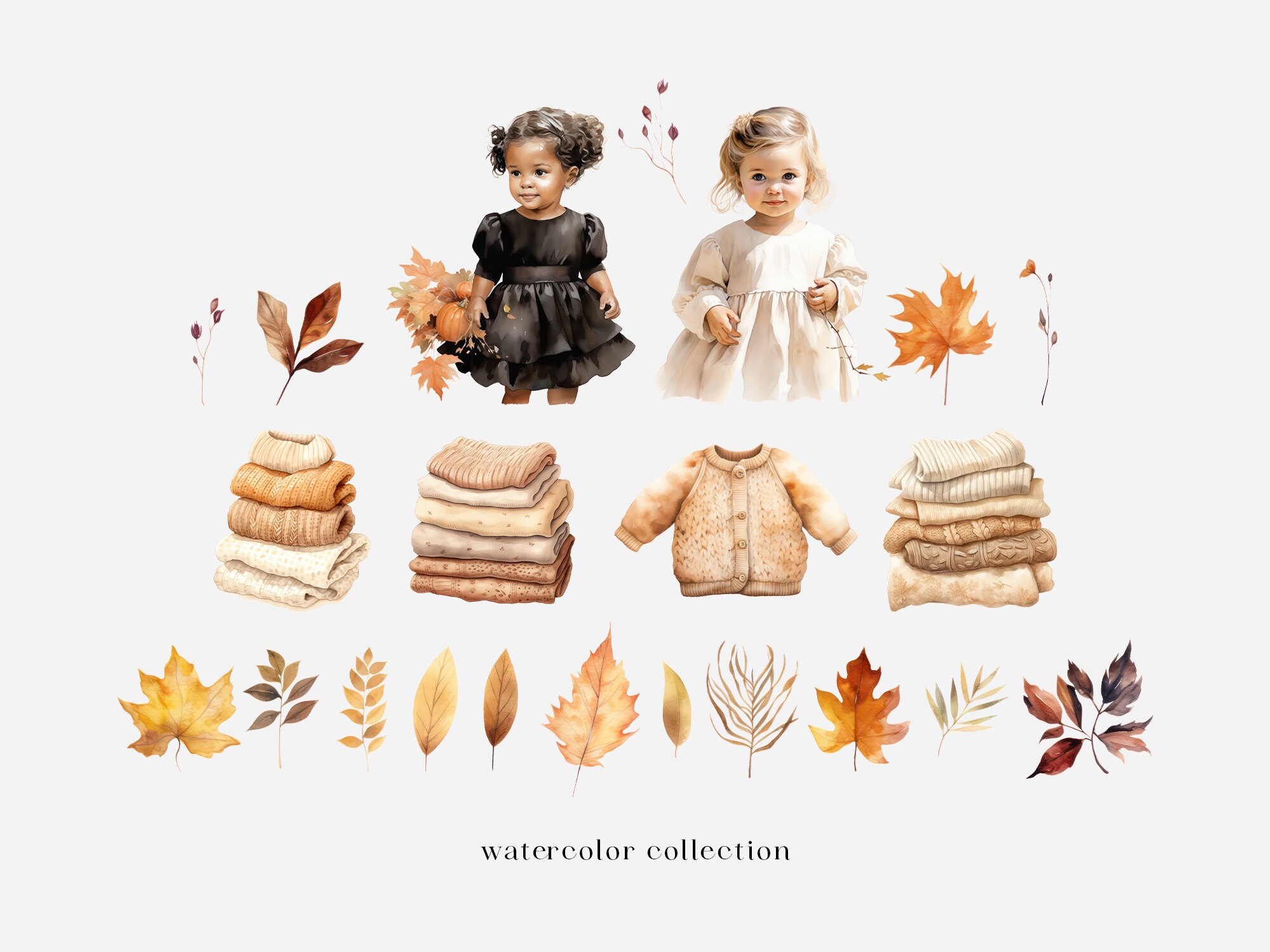 Watercolor Autumn Kid Clipart. Fall Clothes Leaves and Girls - Etsy
