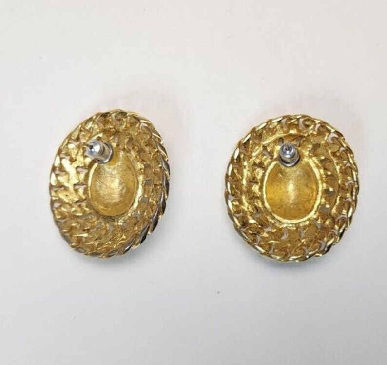 Vintage Gold-tone Oval Medallion Dome Shield Earrings 1.4 Pierced Chain ...