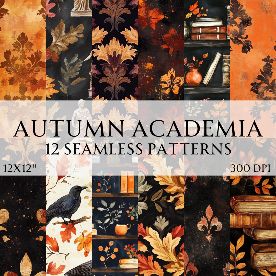 Autumn Academia Digital Paper, 12 Gothic Damask Seamless Patterns for ...
