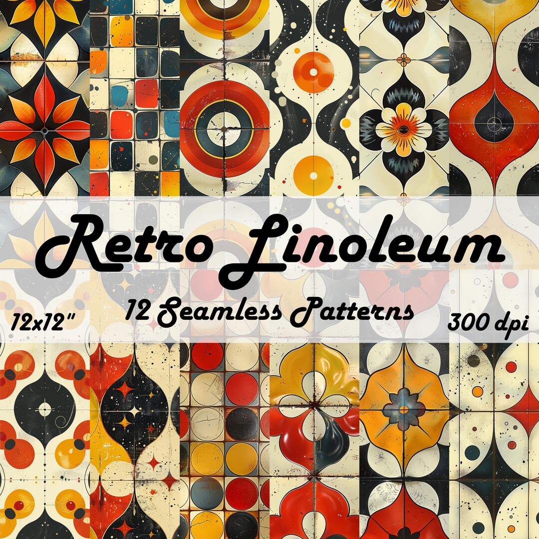 RETRO LINOLEUM Digital Paper | 12 Mid-century Modern Crafting Supplies ...