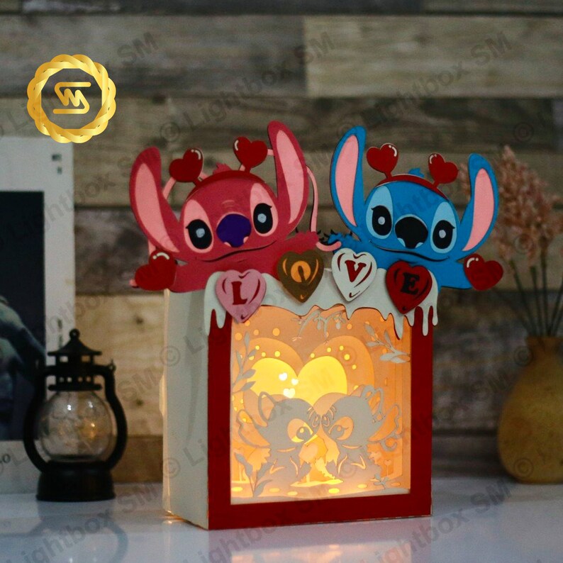 Stitch & Angel Papercut Light Box Template: 3D Shadow Box SVG (digital ...