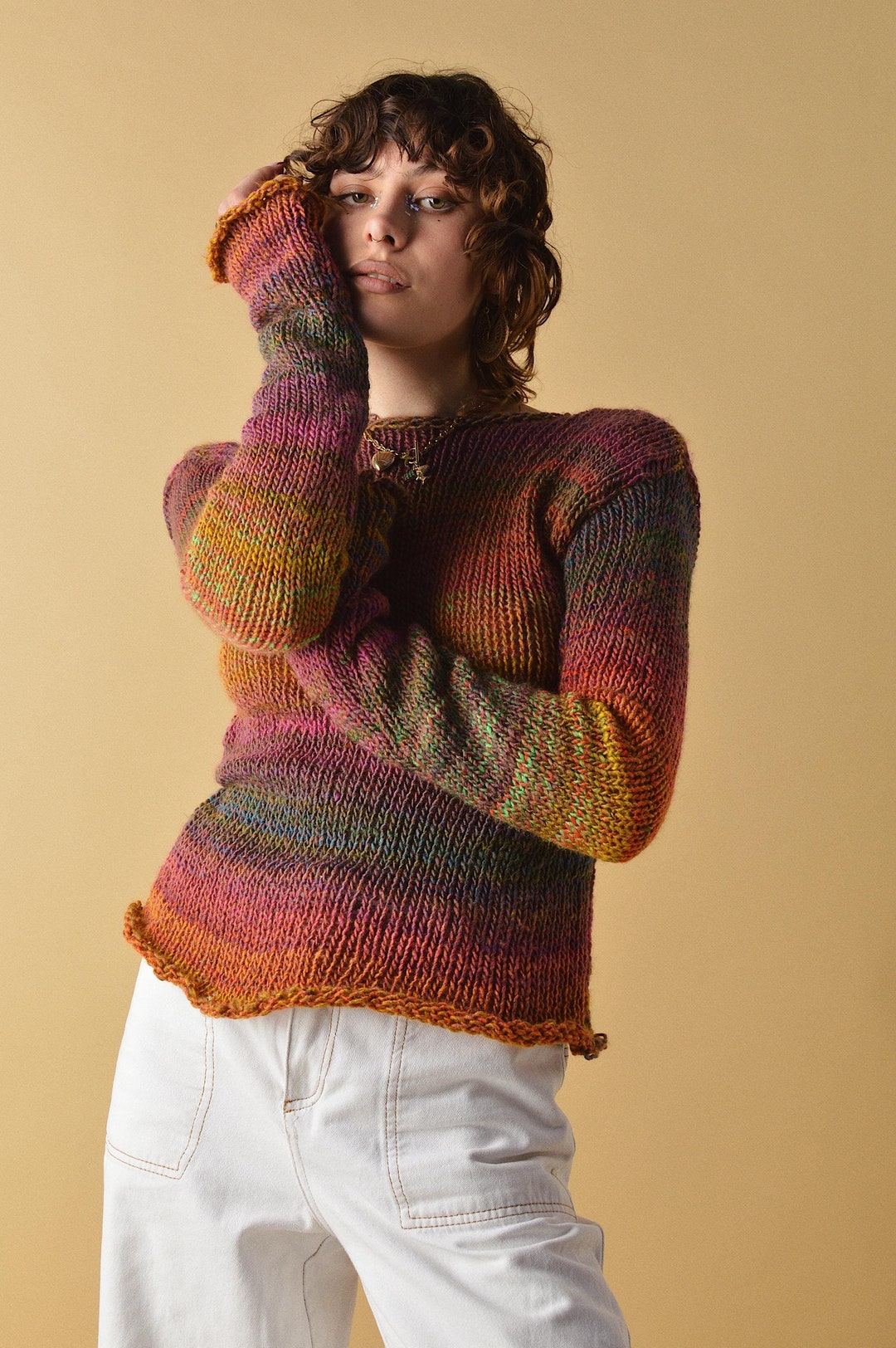 Handmade Womens Jumper Winter Knitted Sweater Stripy Multicoloured Long ...