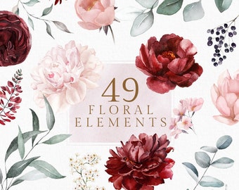 Burgundy Blush Fall Floral Frame Clipart Watercolor Flowers - Etsy