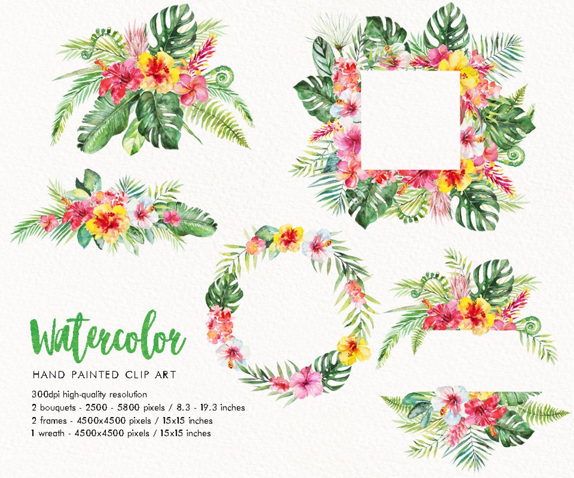 Tropical Floral Frame Border Clipart Watercolor Wedding Flower - Etsy