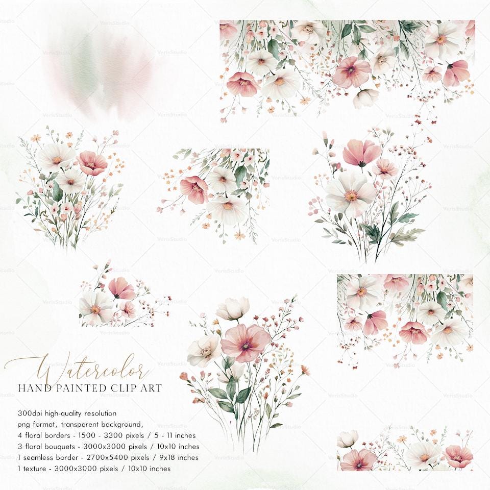 Watercolor Peach Pink Blush Green Wildflower Floral Set Bouquet Wedding ...