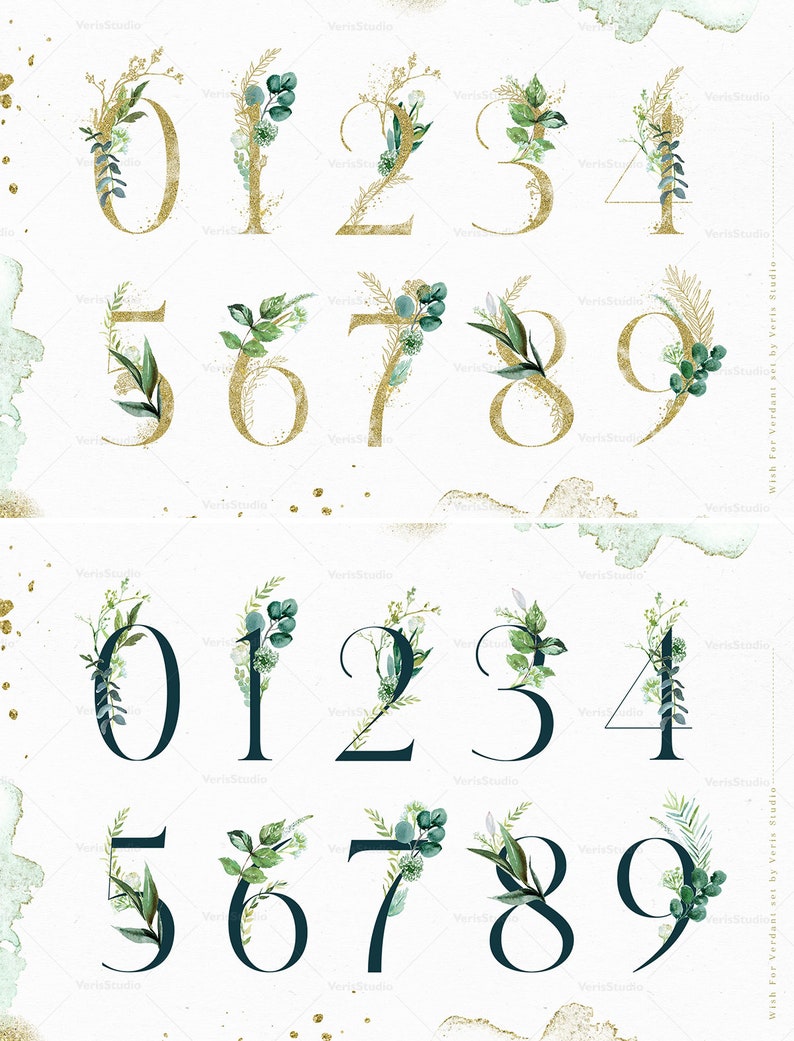 Watercolor Green Leaves Gold Alphabet Flowers Frames Wreaths Bouquets ...