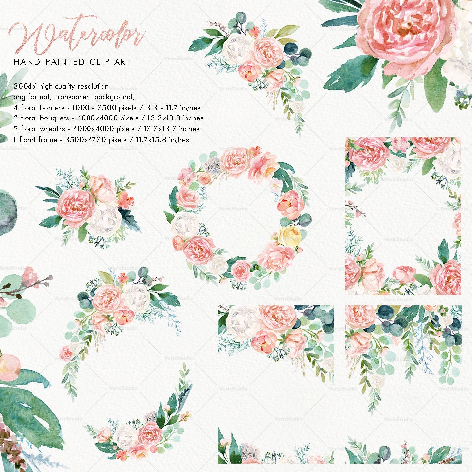 Watercolor Peach Blush Pink Flowers Frames Borders Wreaths Bouquets ...