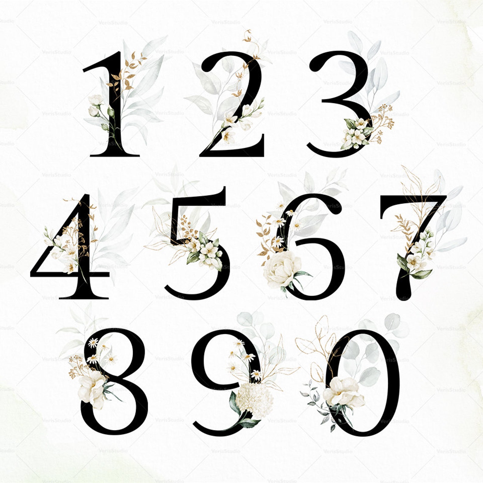 Black White Gold Green Eucalyptus Alphabet Ampersand Number - Etsy