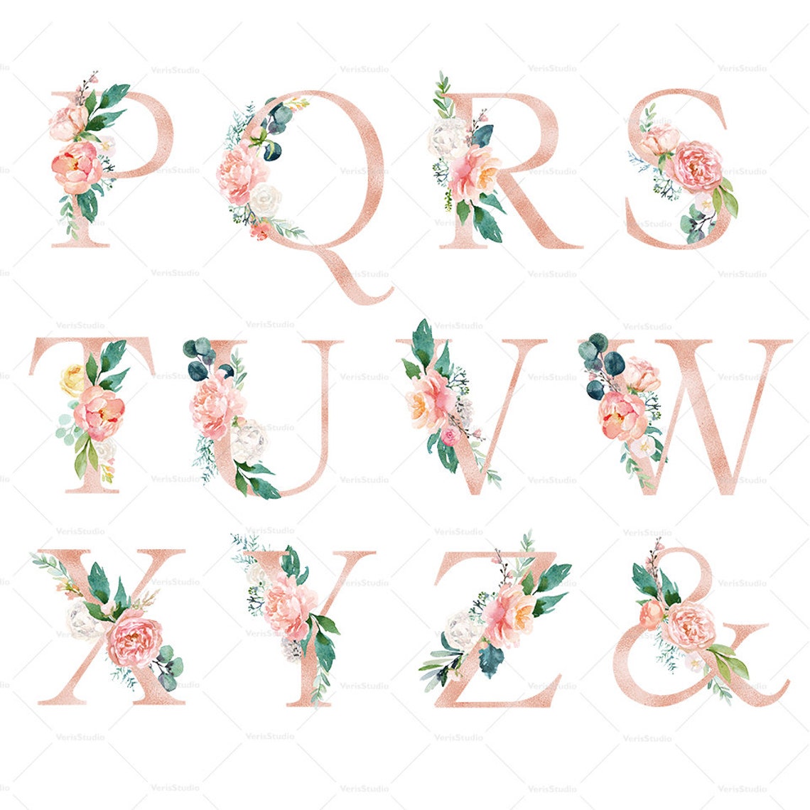 Rose Gold Pink Peach Alphabet Ampersand Numbers Watercolor - Etsy