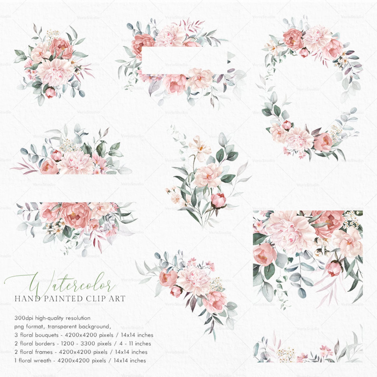 Watercolor Pink Blush White Green Eucalyptus Bouquet Border Frame Rose ...