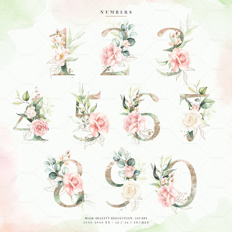Watercolor Blush Rose Gold Pink Peach Alphabet Ampersand Number Floral ...