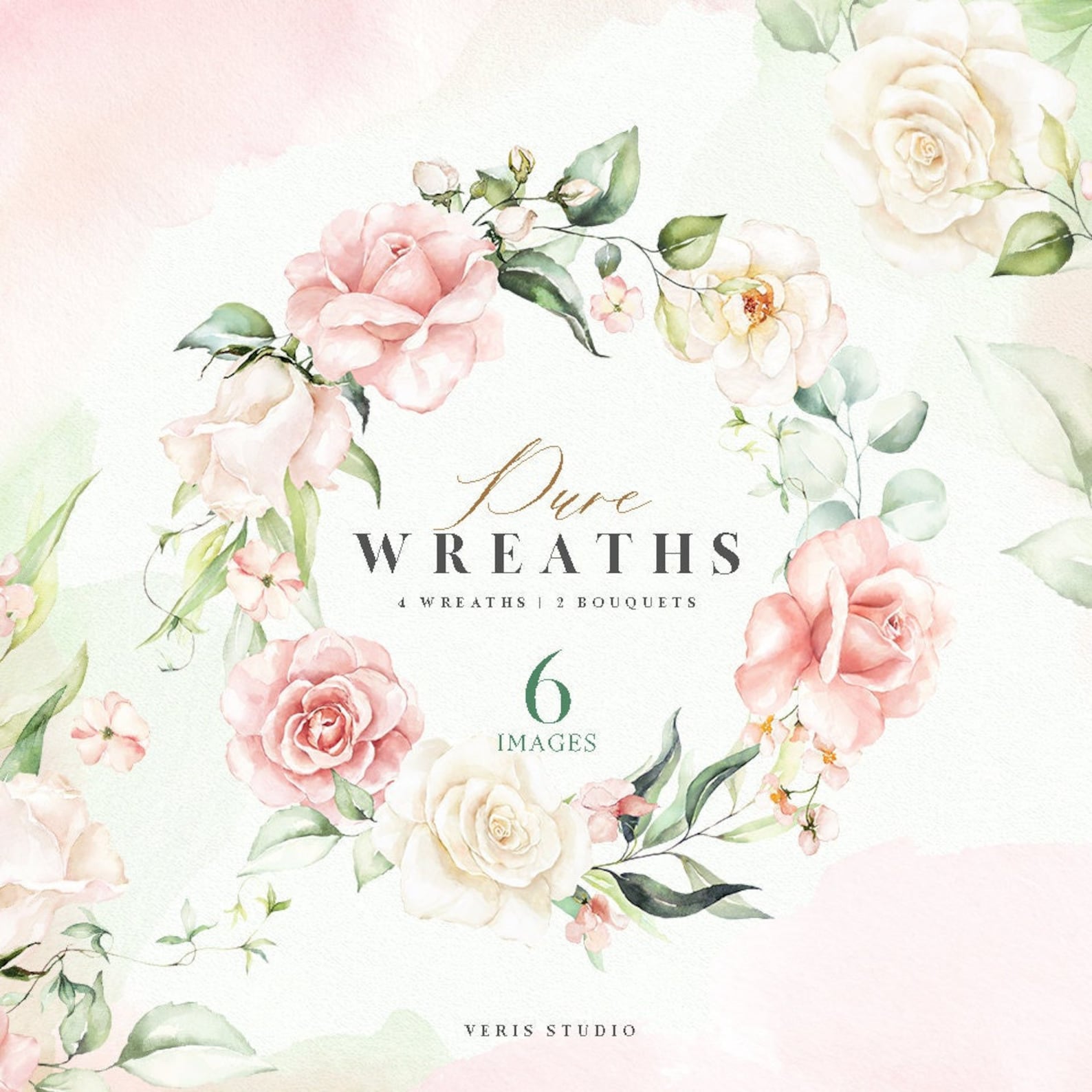 Watercolor Peach Pink Blush Green Bouquet Wreath Flowers Wedding ...