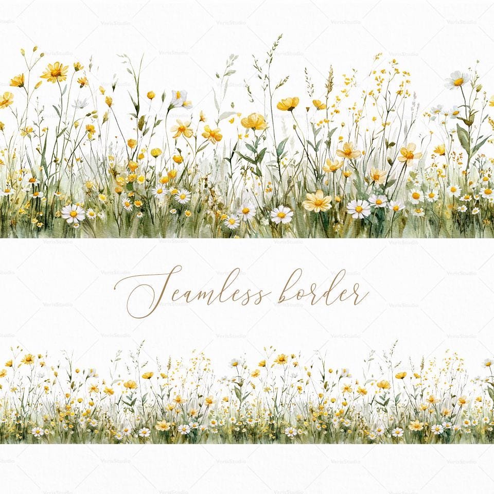 Watercolor Green Yellow Flowers Wildflowers Eucalyptus Bouquet Border ...