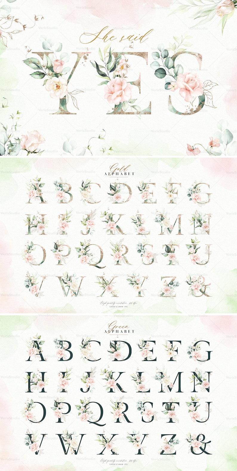 Watercolor Peach Pink Blush Green Floral Set Alphabet Bouquet Wedding ...