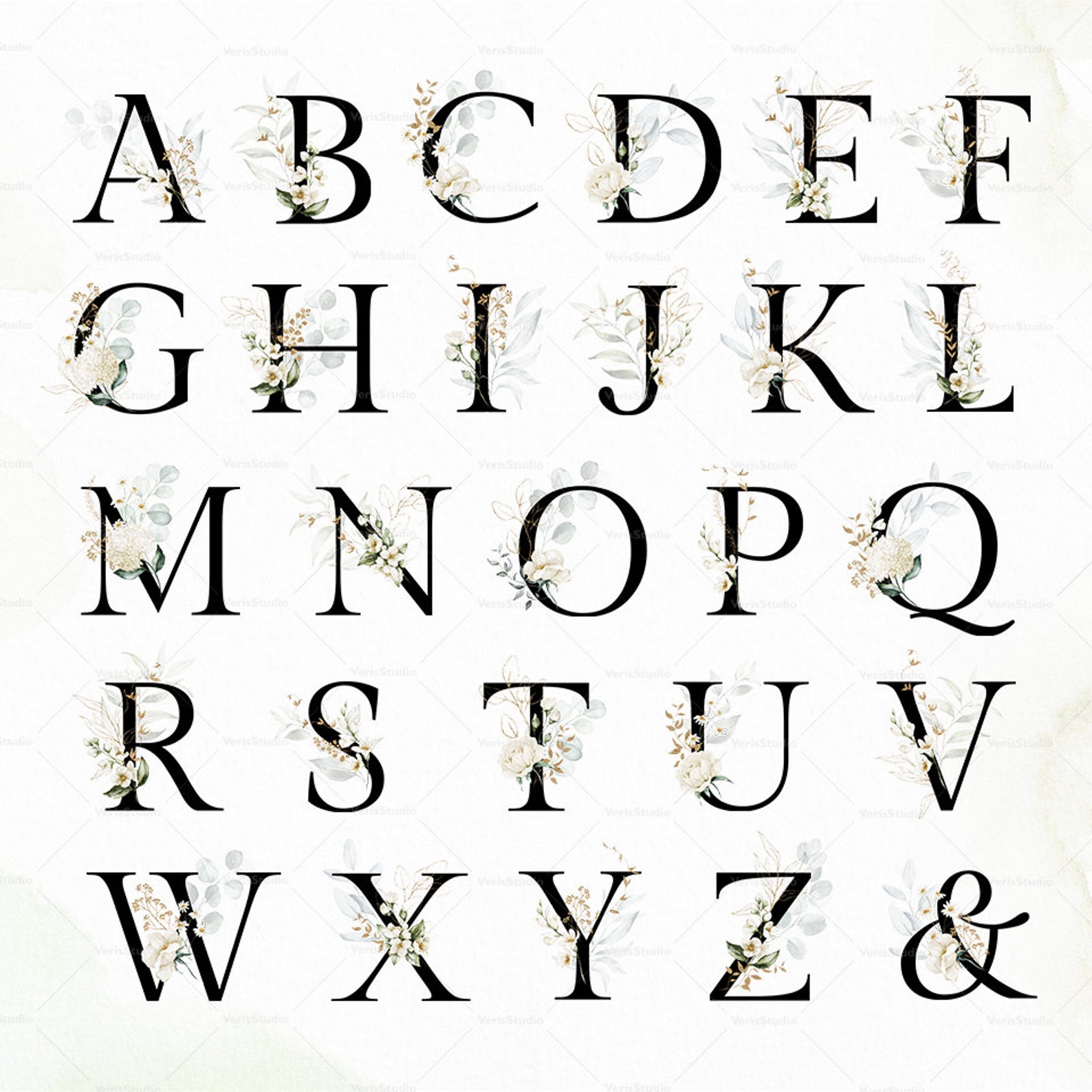 Black White Gold Green Eucalyptus Alphabet Ampersand Number Watercolor ...
