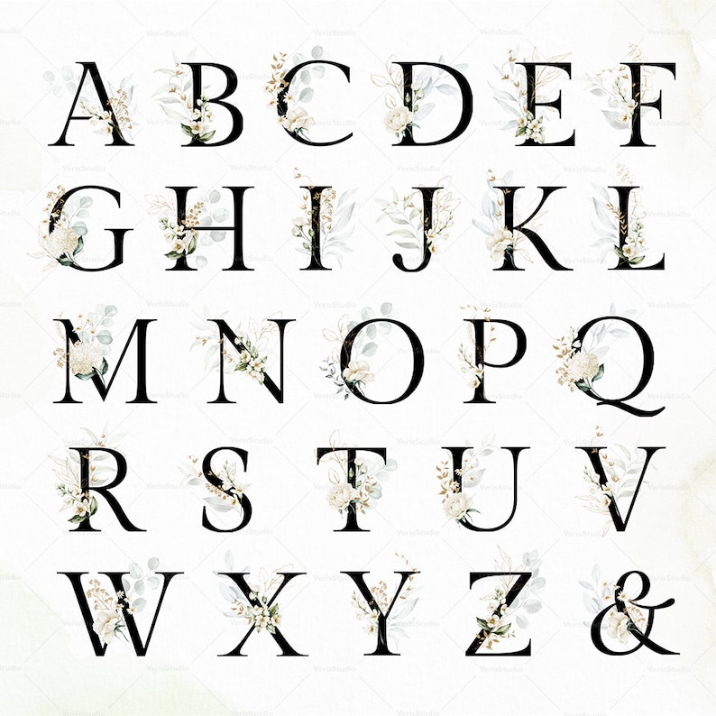 Black White Gold Green Eucalyptus Alphabet Ampersand Number Watercolor ...