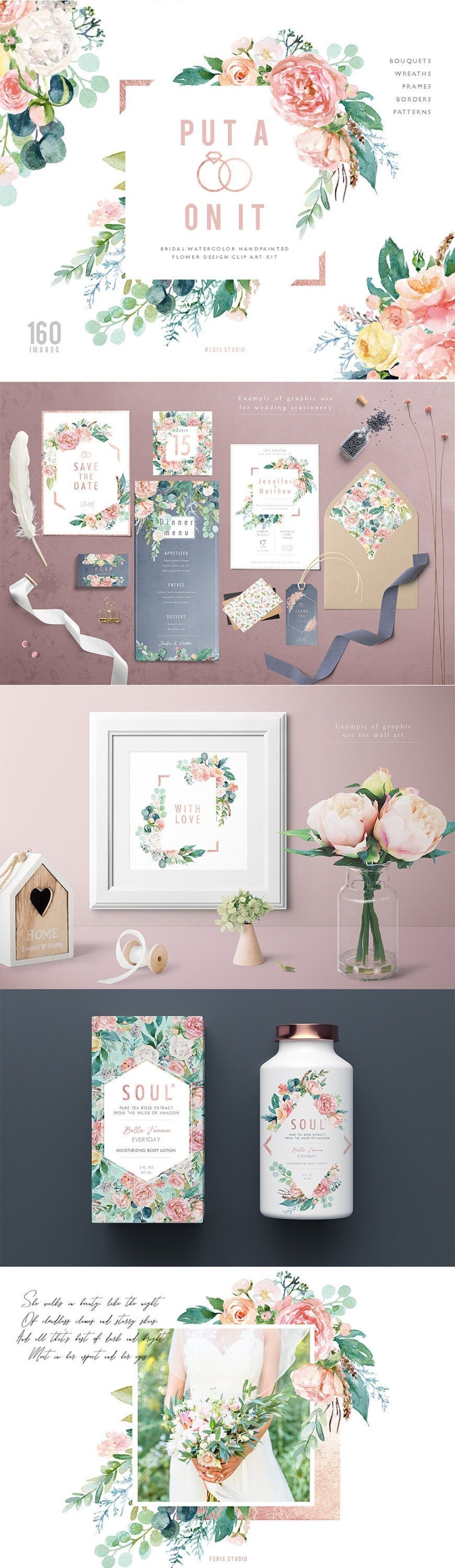 Watercolor Peach Flowers Frames Wreaths Bouquets Elements Clip Art ...