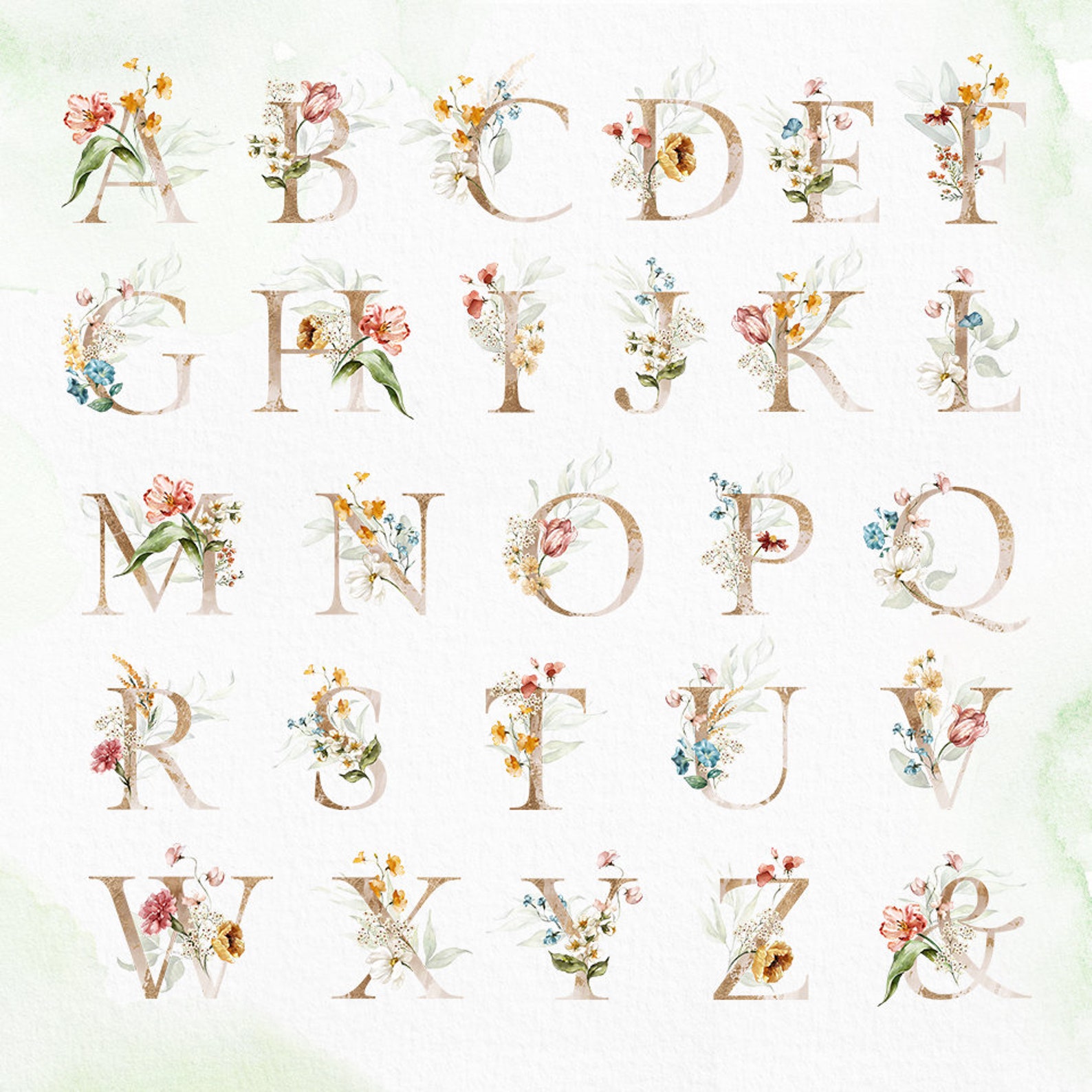 Alphabet Watercolor Blush Rose Gold Pink Peach Ampersand Number Floral ...