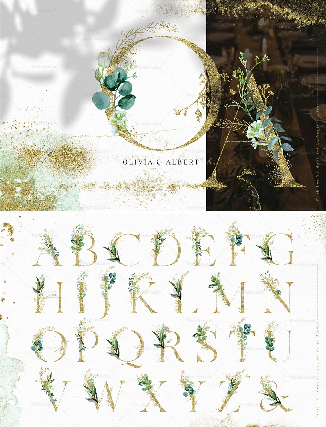 Watercolor Green Leaves Gold Alphabet Flowers Frames Wreaths - Etsy