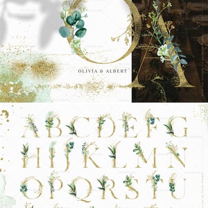 Watercolor Green Leaves Gold Alphabet Flowers Frames Wreaths Bouquets ...