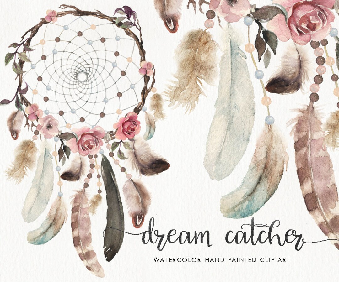 Watercolor Dream Catcher - Boho Feather & Flower. Wedding, Bohemian ...