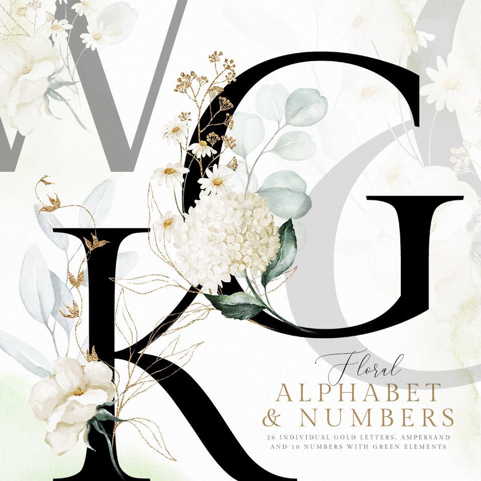Black White Gold Green Eucalyptus Alphabet Ampersand Number Watercolor ...