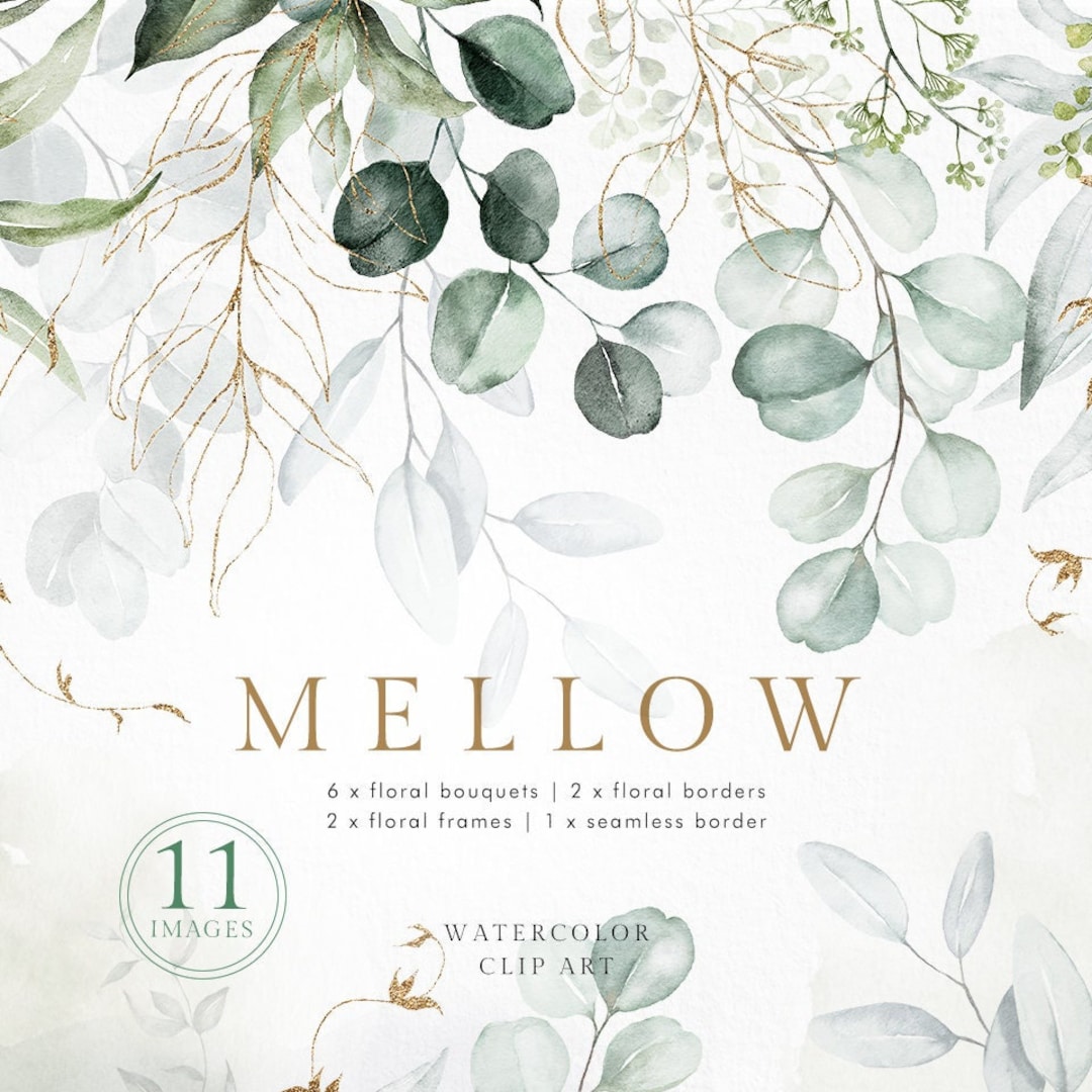 Watercolor Green Gold Eucalyptus Olive Branch Bouquet Border Frame ...