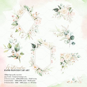 Watercolor Peach Pink Blush Green White Gold Geometric Bouquet Frame ...