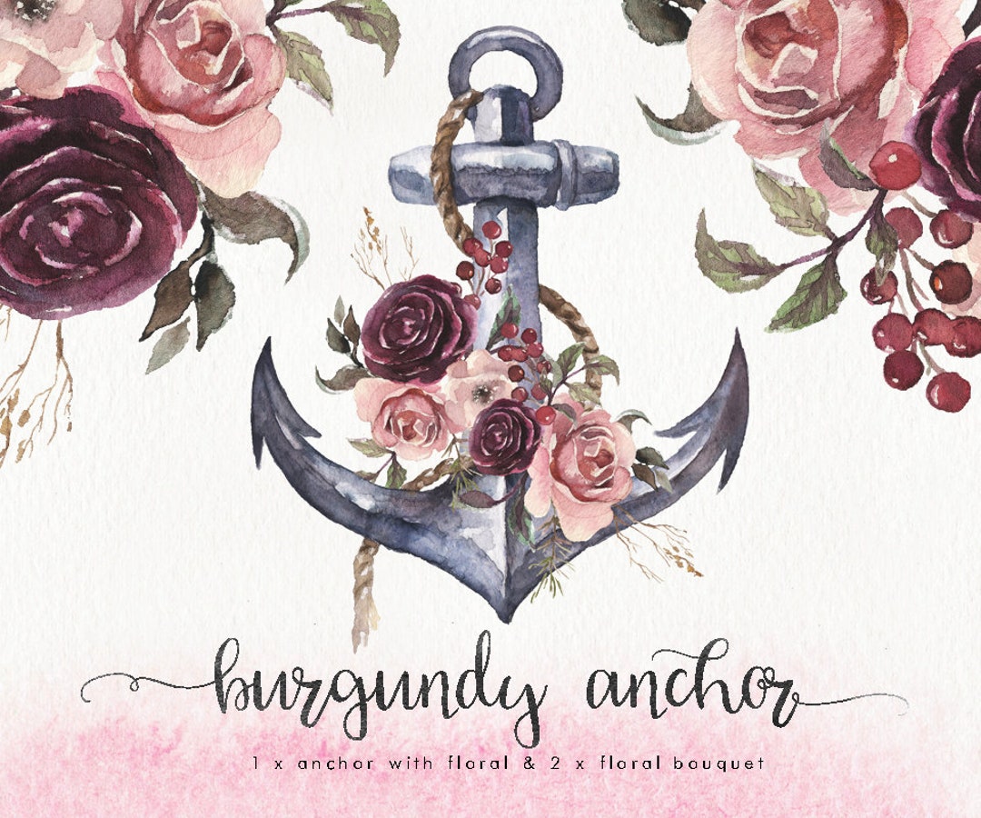Watercolor Burgundy Anchor - Boho Floral Clipart. Wedding Bohemian Clip ...