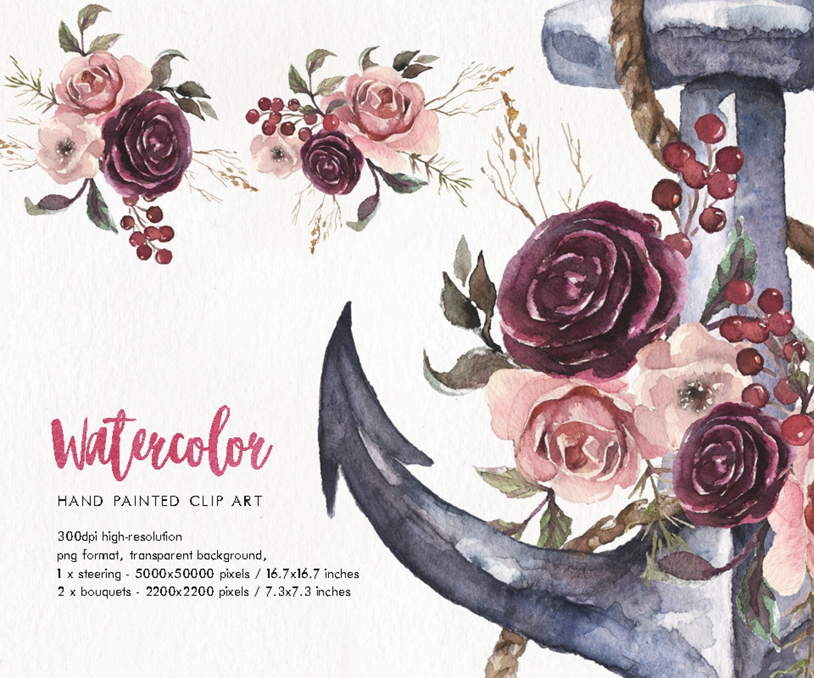 Watercolor Burgundy Anchor - Boho Floral Clipart. Wedding Bohemian Clip ...