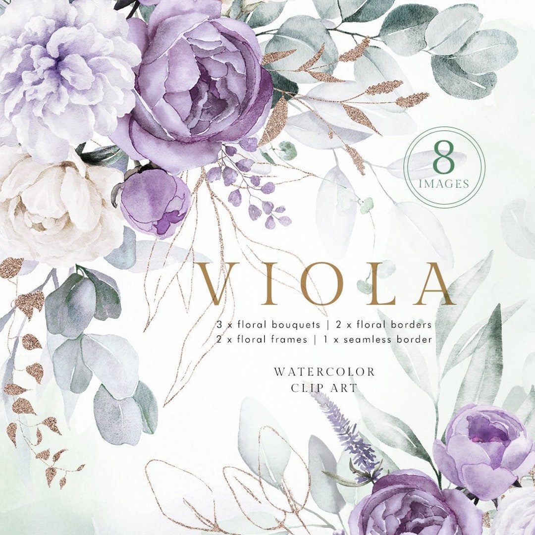 Watercolor Flower Green Gold Violet Purple Eucalyptus Bouquet Border ...