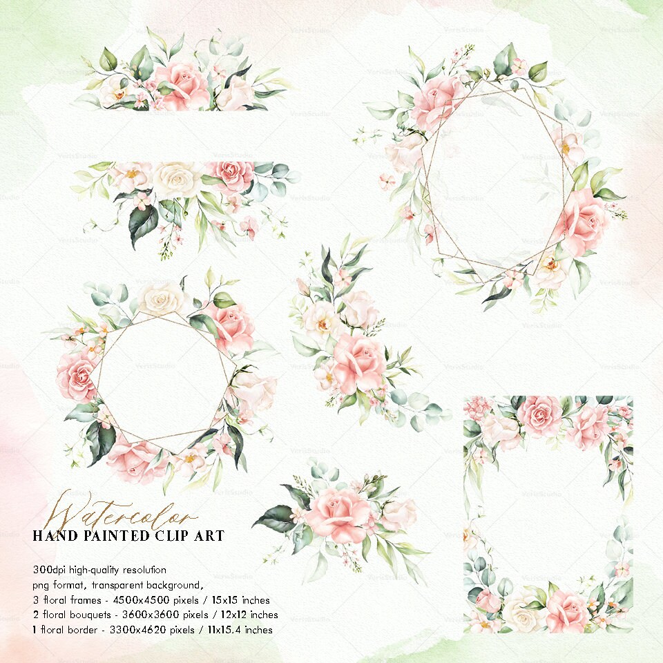 Watercolor Peach Pink Blush Green Gold Geometric Bouquet Frame - Etsy