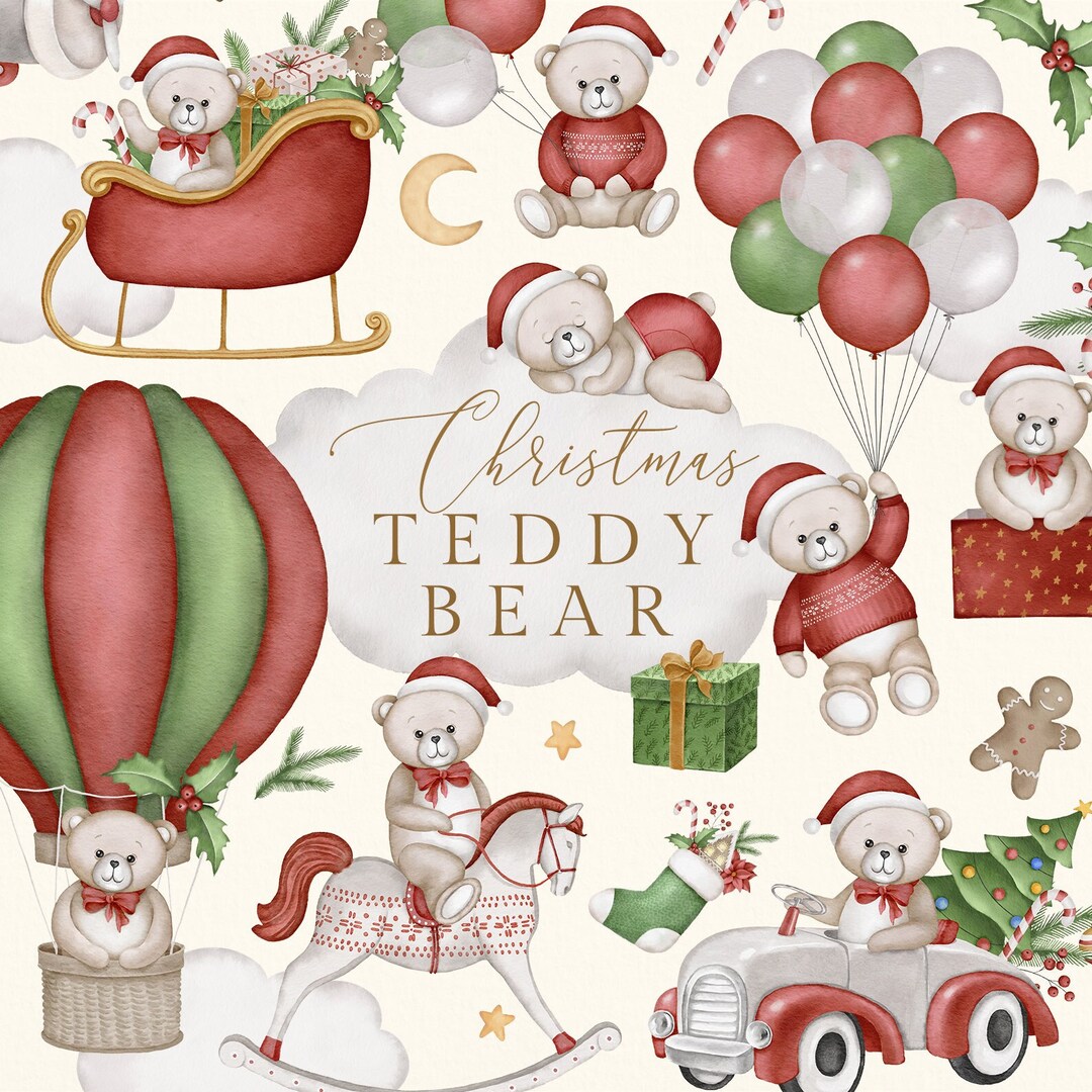 Watercolor Christmas Bundle Elements Teddy Bear Clipart PNG Gingerbread ...