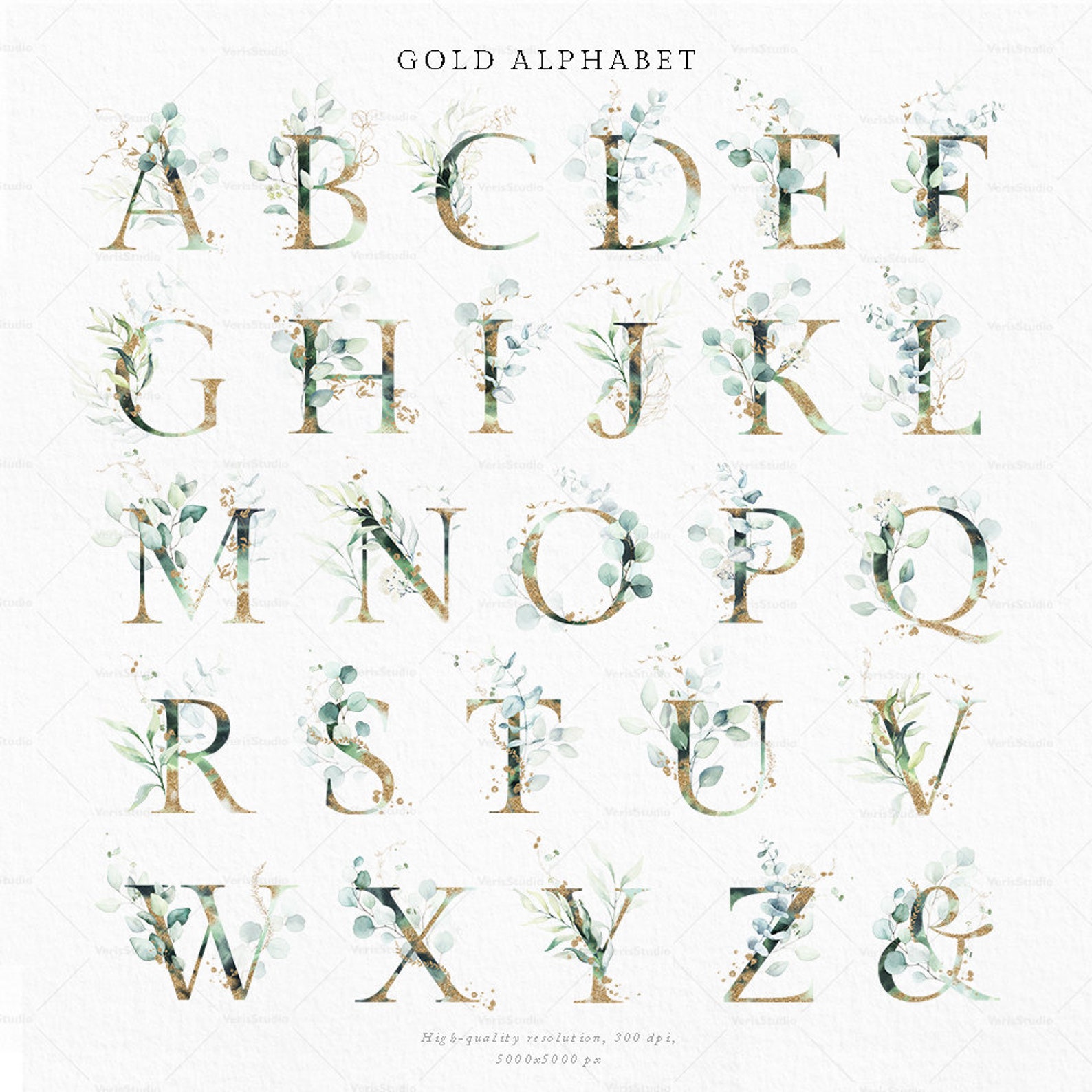 Gold Green Eucalyptus Leaves Alphabet Ampersand Number - Etsy