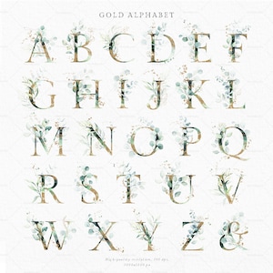 Gold Green Eucalyptus Leaves Alphabet Ampersand Number Watercolor ...
