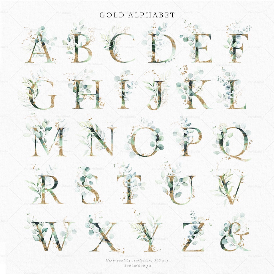 Gold Green Eucalyptus Leaves Alphabet Ampersand Number Watercolor ...
