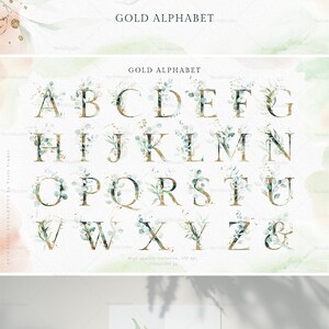 Gold Green Eucalyptus Geometric Flowers Leaves Alphabet Bouquet Number ...